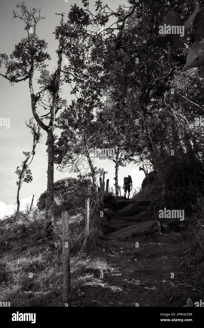 A person is hiking up a hill on a small path with a fence on the left ...