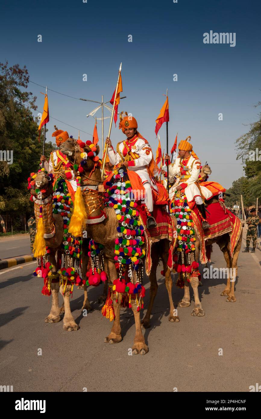 India, Rajasthan, Bikaner, Camel Festival Parade, camel-mounted Border ...