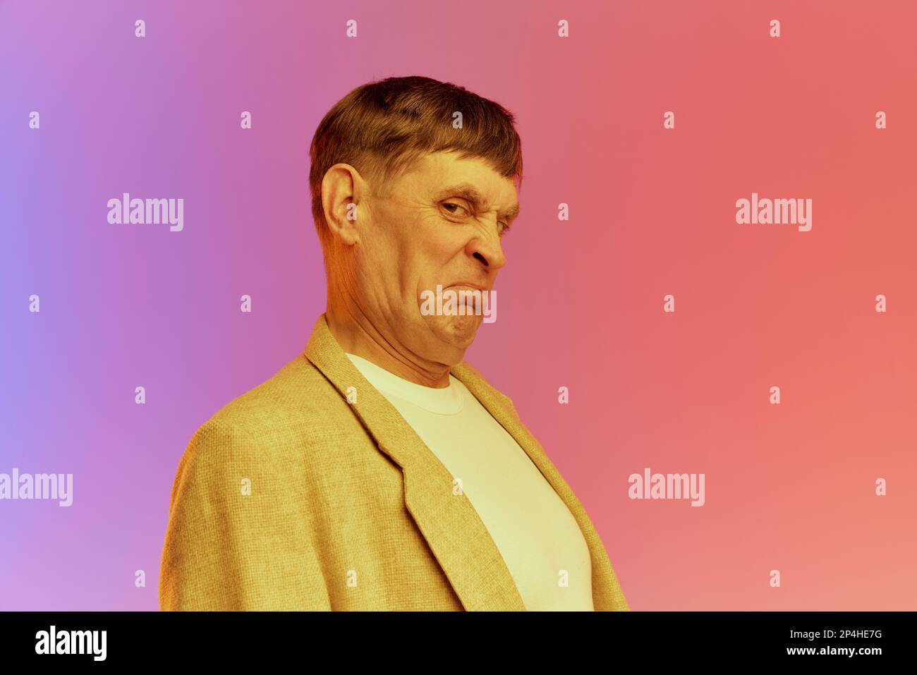 Unpleasant grimace face. Portrait of mature, middle-aged man in jacket ...