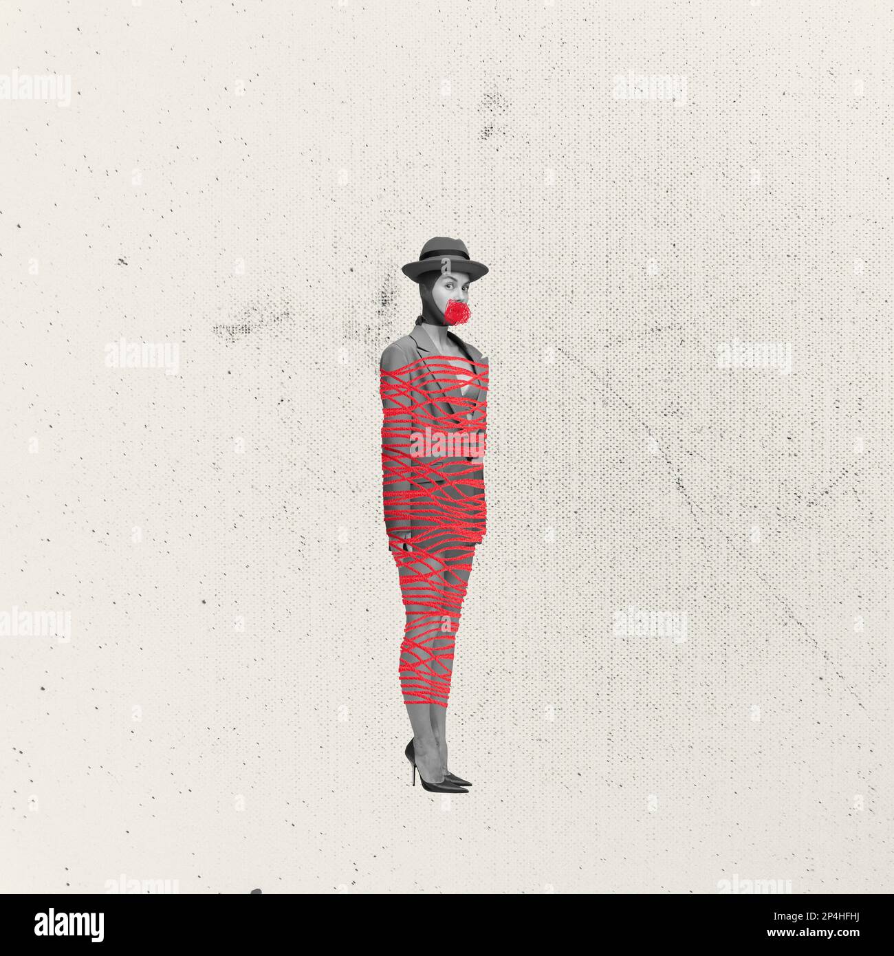 Strange woman wrapped in red thread. Concept of human emotions ...