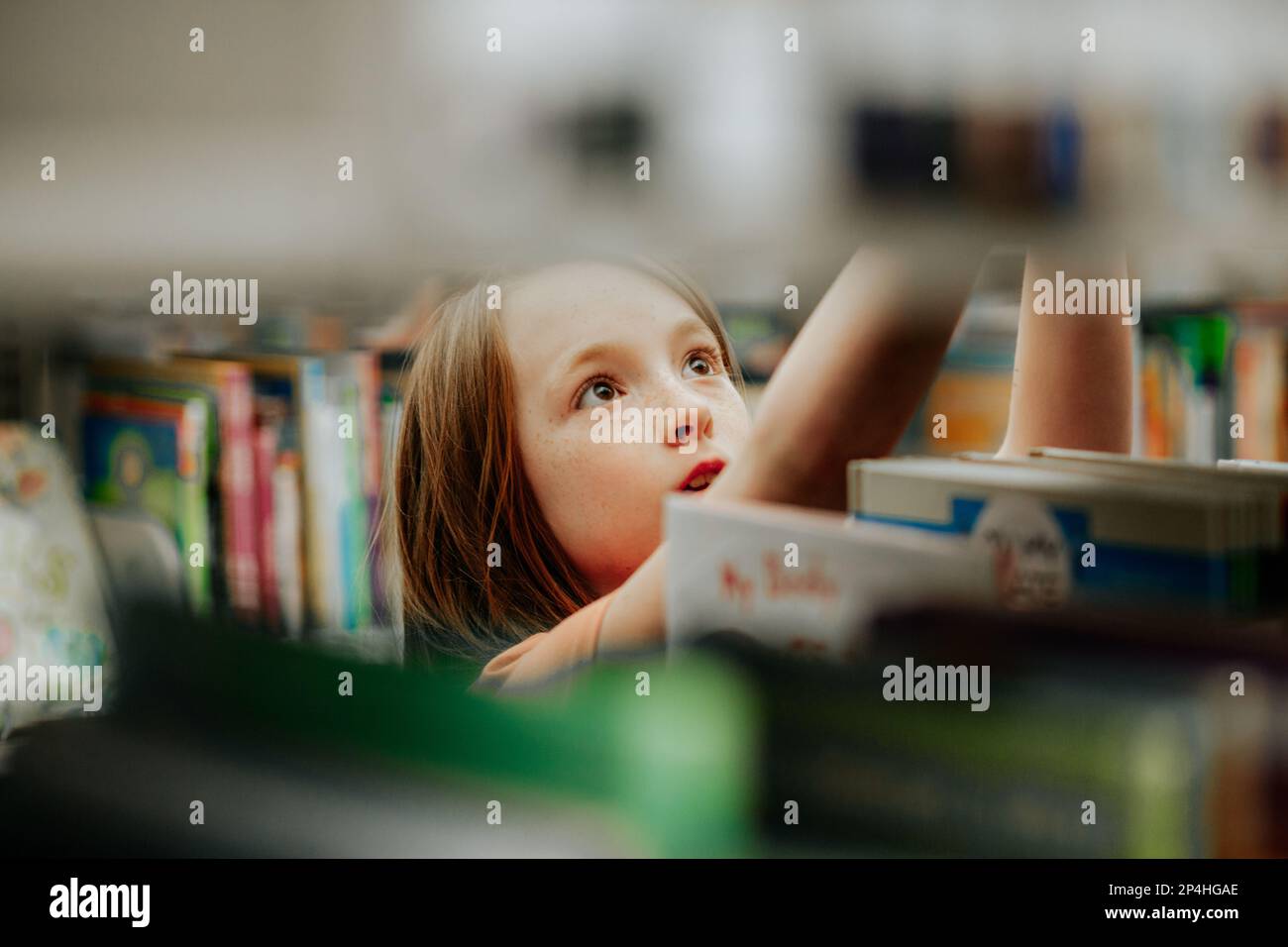 Young girl reaching for library book on shelf Stock Photo - Alamy