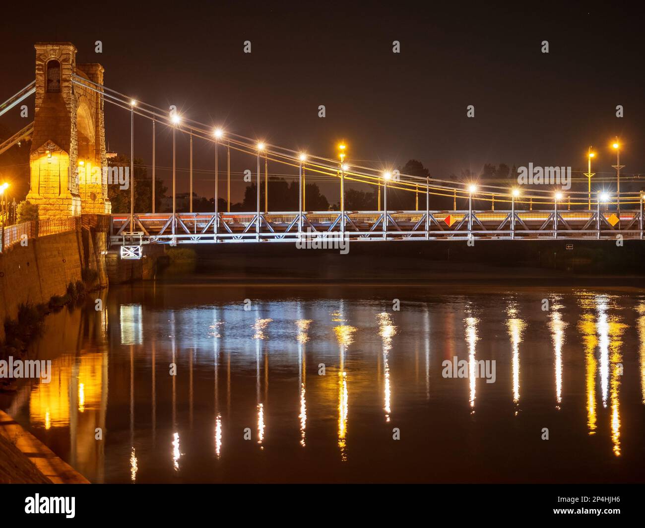 Wroclaw city night view on bridge through the Oder river. Old medieval ...