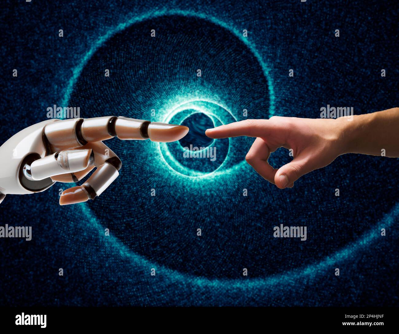 A robot hand points to a human hand. Artificial intelligence concept ...