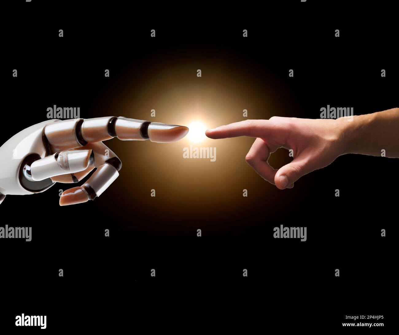 A robot hand points to a human hand. Artificial intelligence concept ...