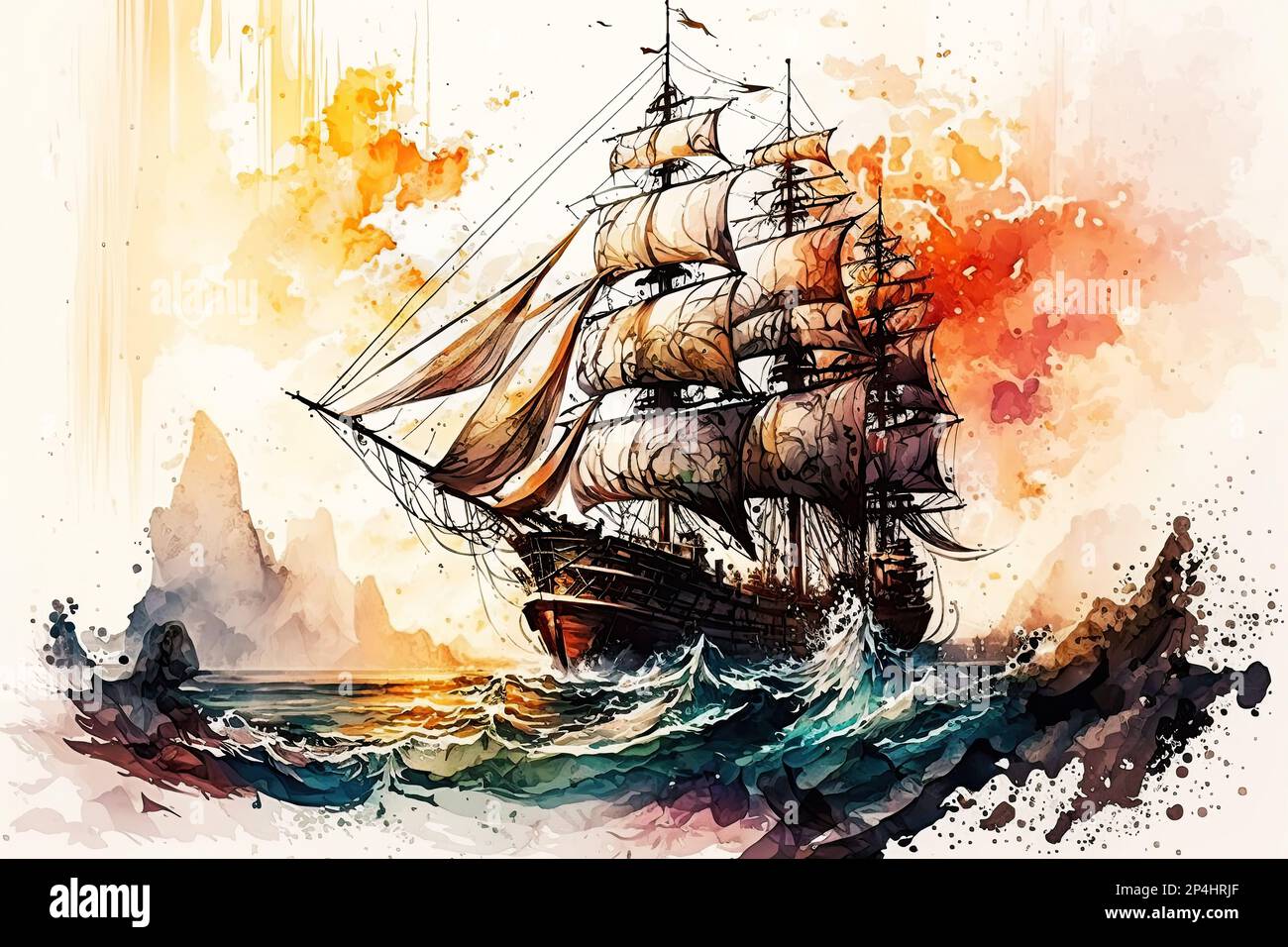 A watercolor painting made with pen and ink of a large sailing ship in ...
