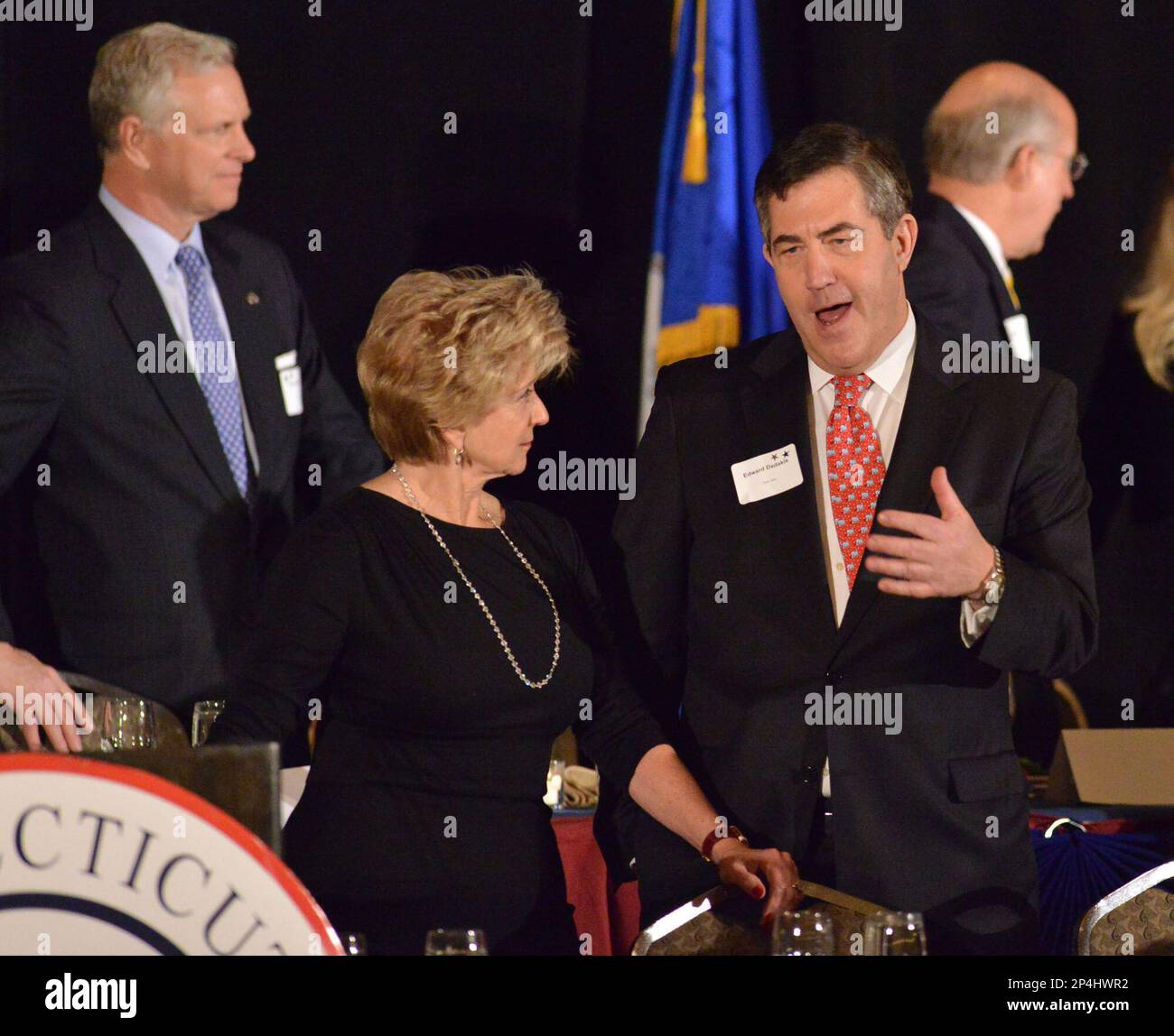 Linda McMahon, left, speaks with Ed Dadakis, both Greenwich residents ...