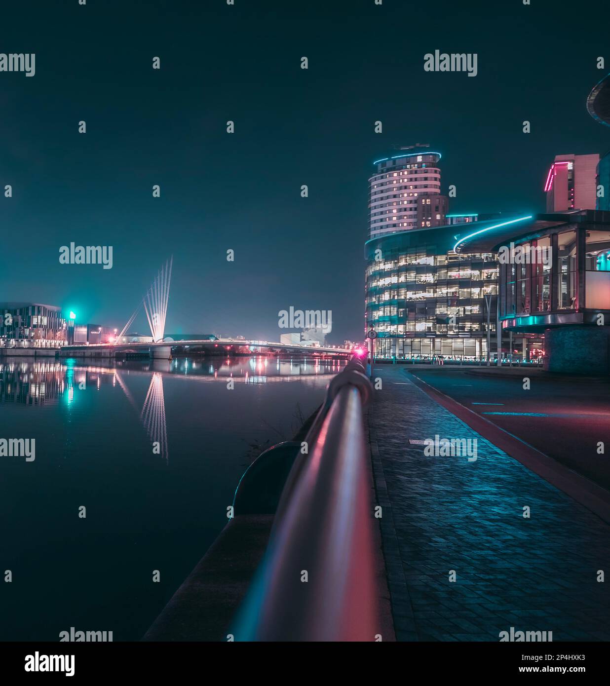 BBC Offices at Media City, Salford Quays in neon pink and blue at night ...
