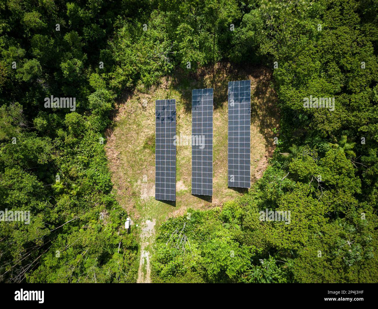 View to solar panels on green rainforest area to supply energy Stock ...