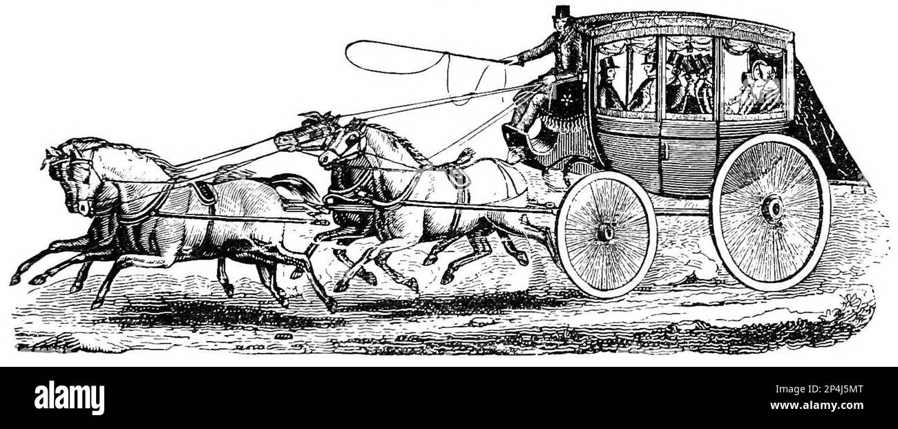 Stagecoach and four horses in an engraving printed in 1867 Stock Photo ...