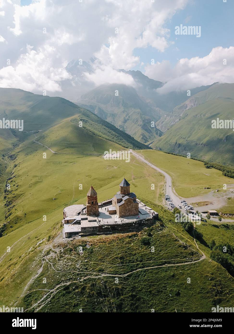 Gergeti Trinity Church photo by drone in Georgia Stock Photo - Alamy