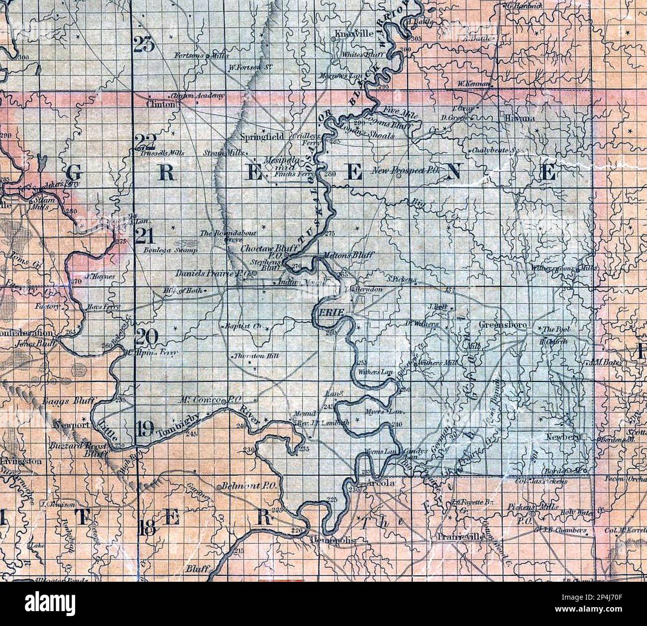 Map from 1837 showing the location in Green County (now Hale County ...