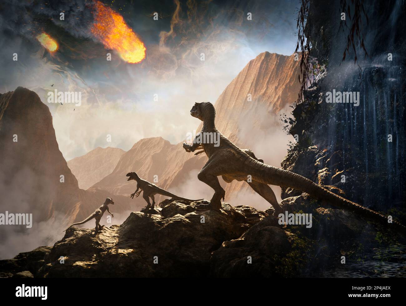 Raptor Dinosaur observing asteroid impact, 3d render Stock Photo - Alamy