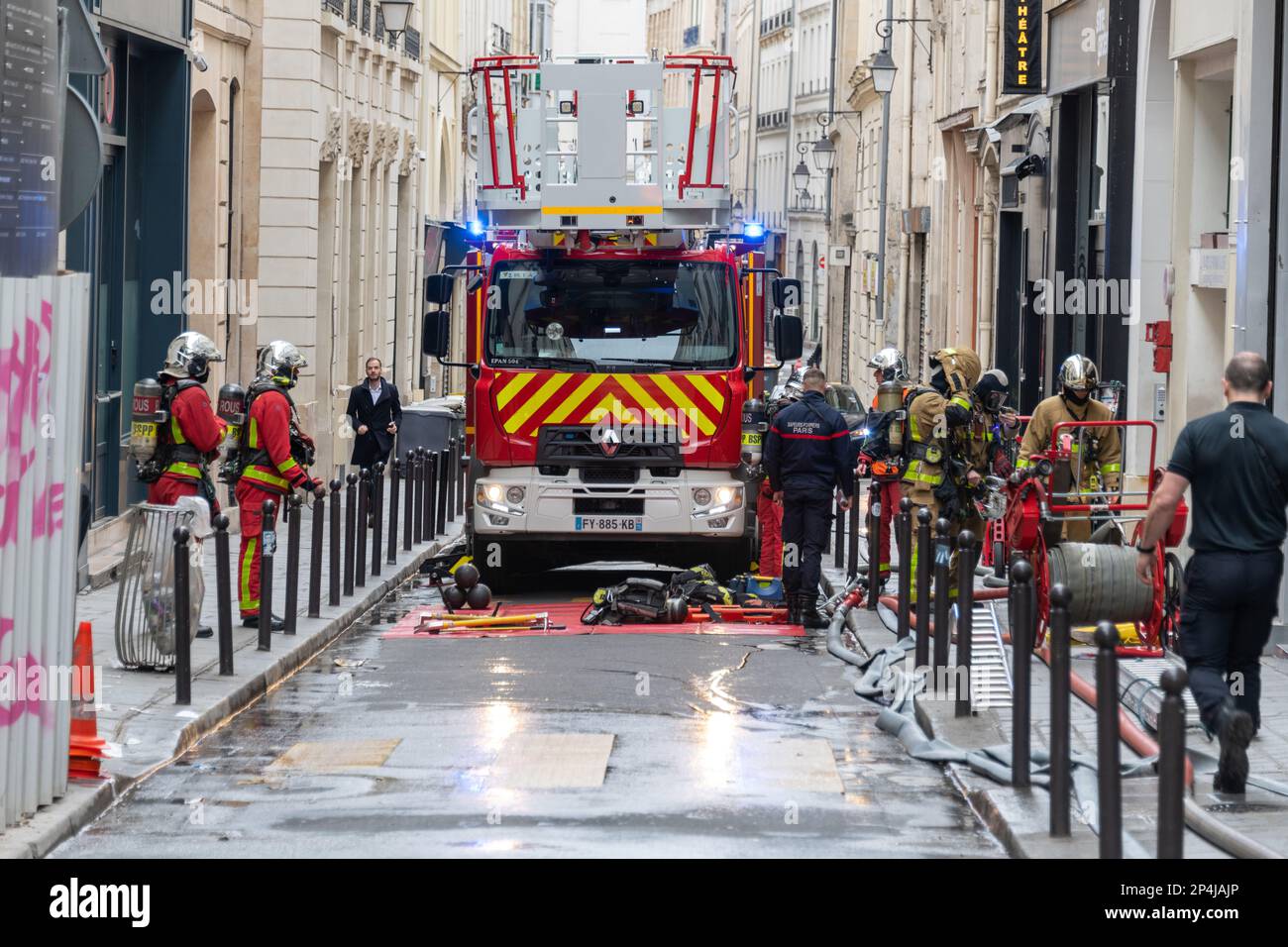 Paris fire Brigade attending an emergency in the Rue De Sentier, Paris ...