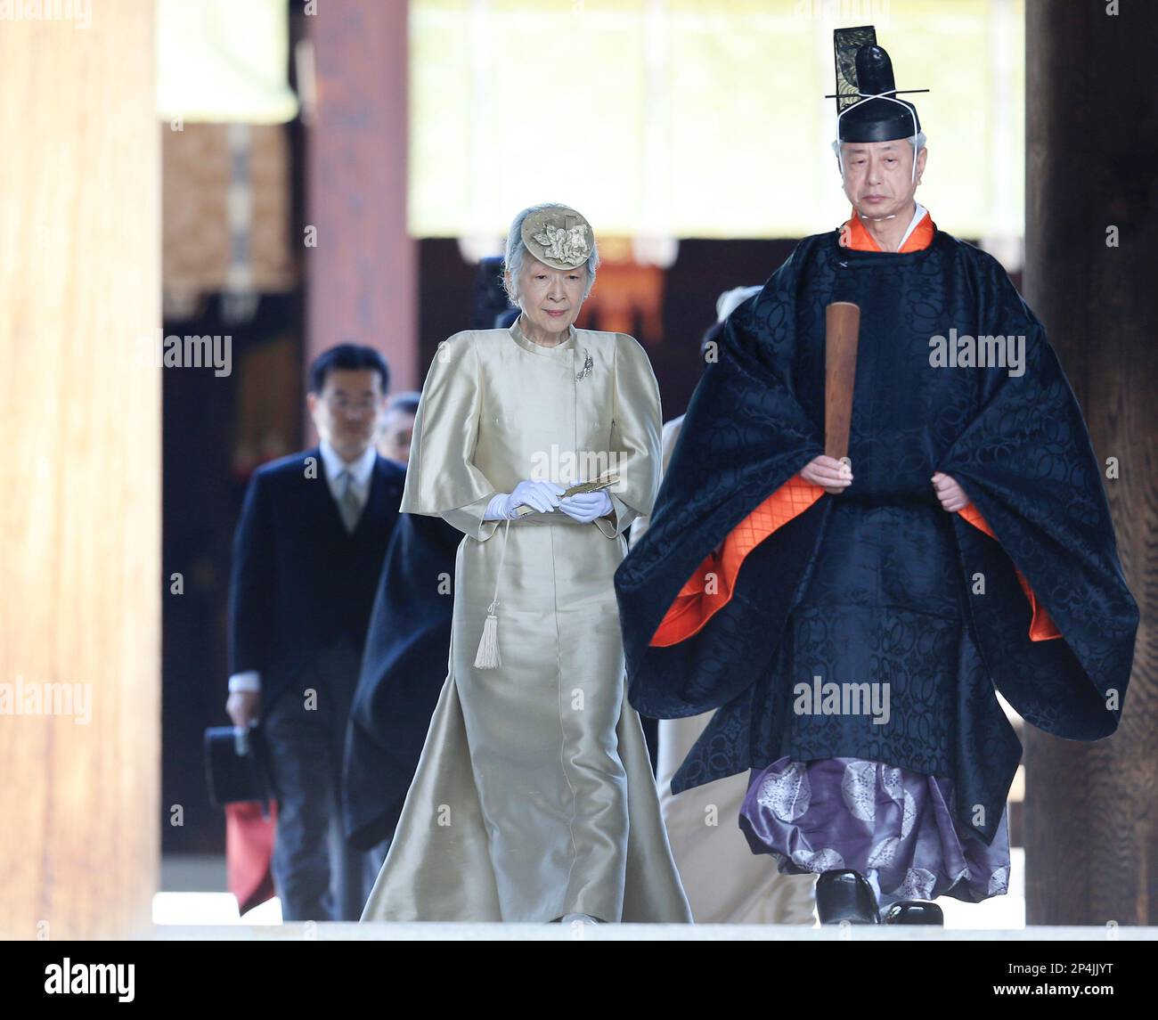 Japanese Empress Michiko pays homage at Meiji Shrine in Shibuya Ward, Tokyo on April 2nd, 2014 ...