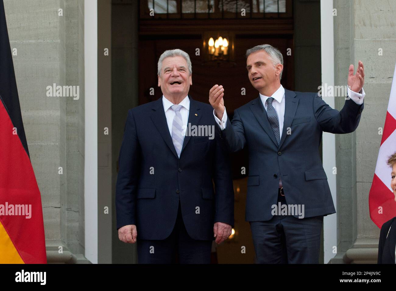 Swiss Federal Minister Didier Burkhalter, right, welcomes Joachim Gauck ...