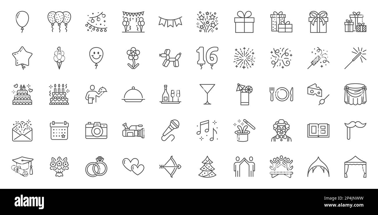 Party line icons set. Birthday cake, anniversary celebration, cocktail ...