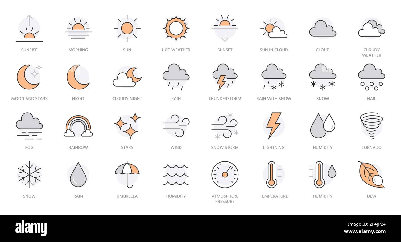 Weather line icons set. Sun, rain, thunder storm, dew, wind, snow cloud, night sky minimal ...