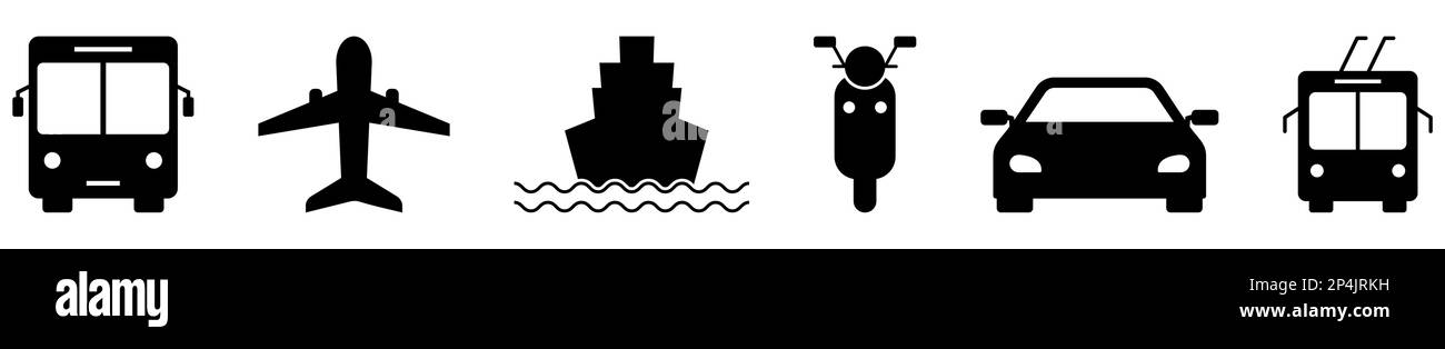 Set of transport icons. Public bus, airplane, ship, scooter, car and ...