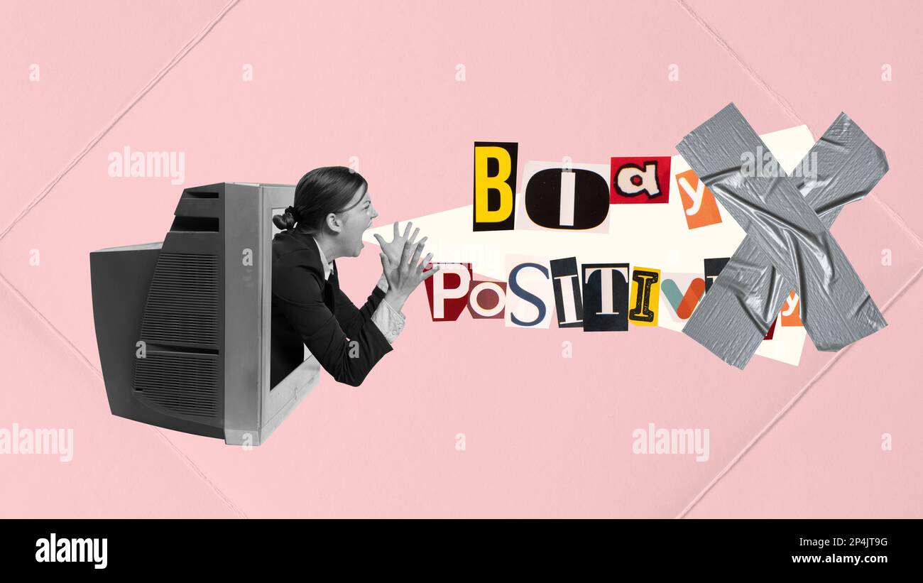 Contemporary art collage. Young girl sticking out retro computer screen ...