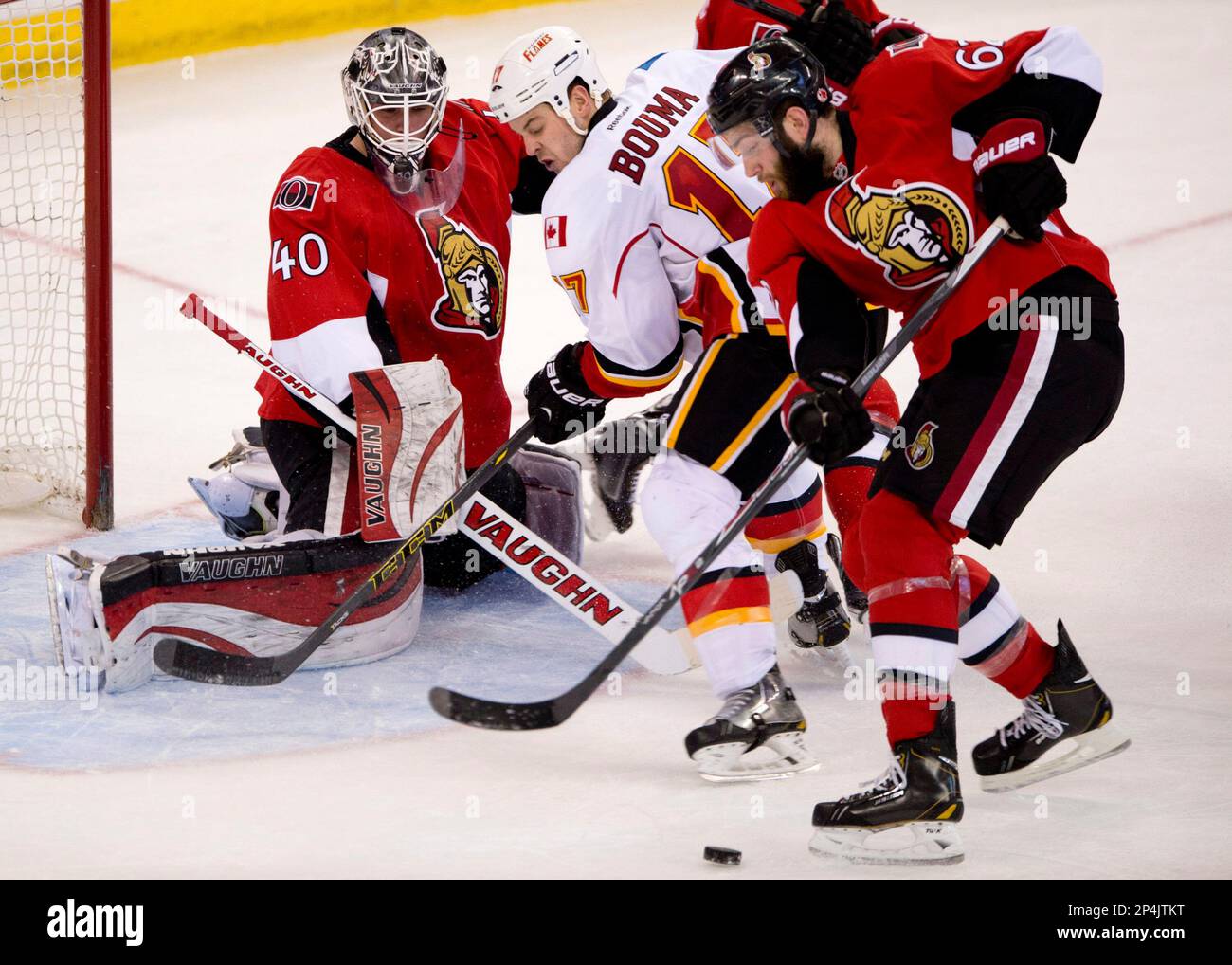 Ottawa Senators goalie Robin Lehner keeps his eye on the puck as ...