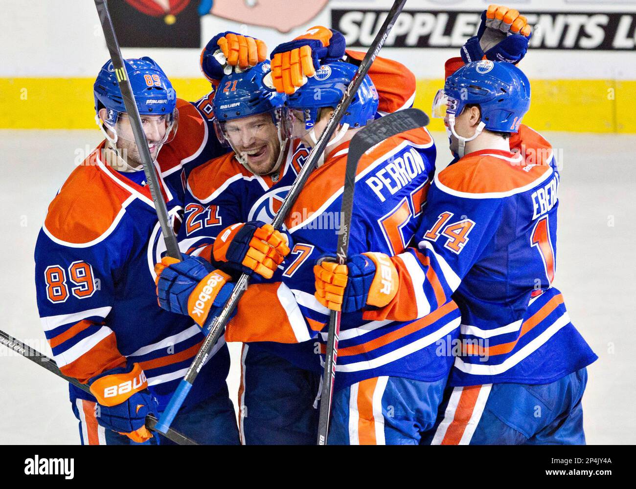 Edmonton Oilers' Sam Gagner (89), Andrew Ference (21), David Perron (57 ...
