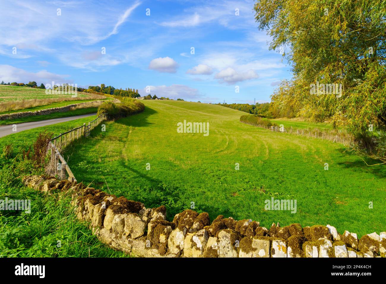 View of countryside landscape of hills and fields, in the Cotswolds ...