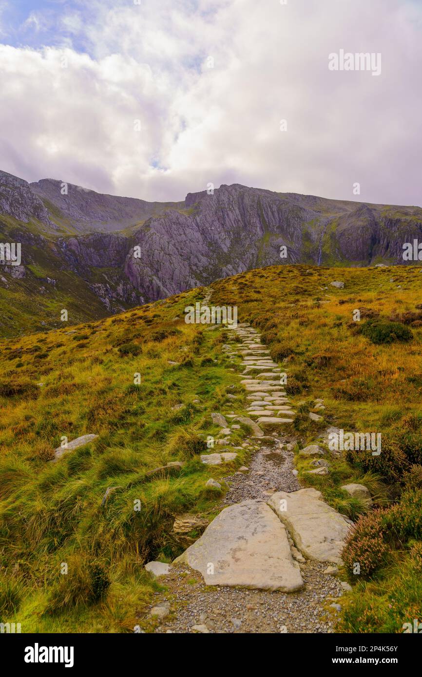 View of landscape and footpath, near Llyn Idwal lake, in Snowdonia ...