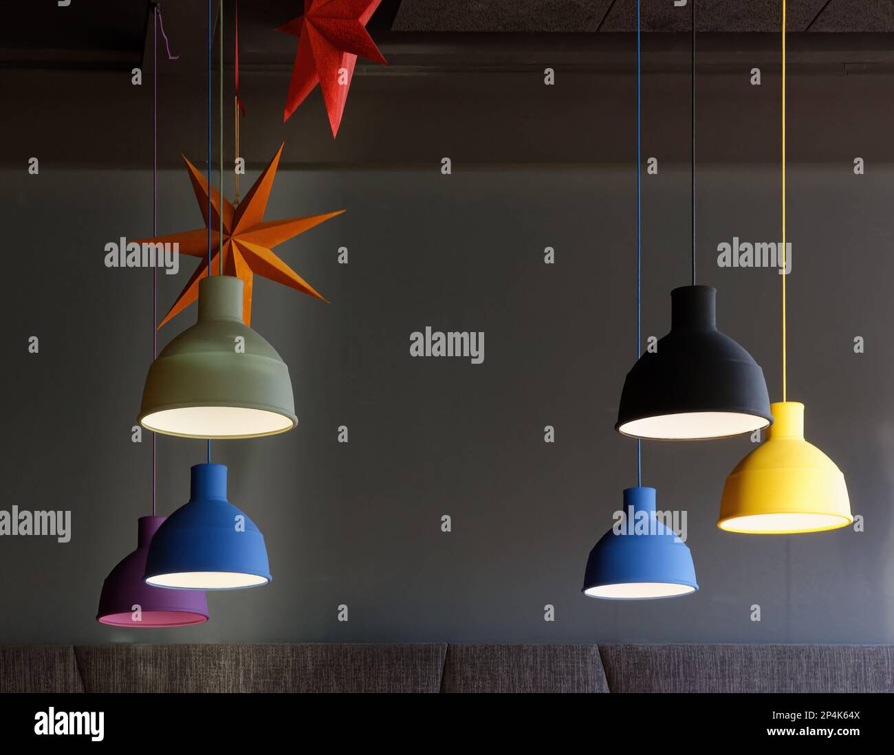 Set of interior ceiling lamps of different colors, with two decorative ...