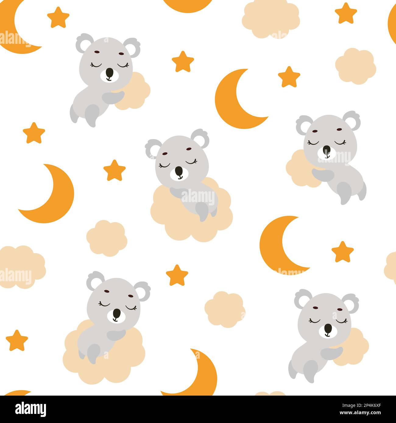 Cute little koala sleeping on cloud seamless childish pattern. Funny cartoon animal character ...