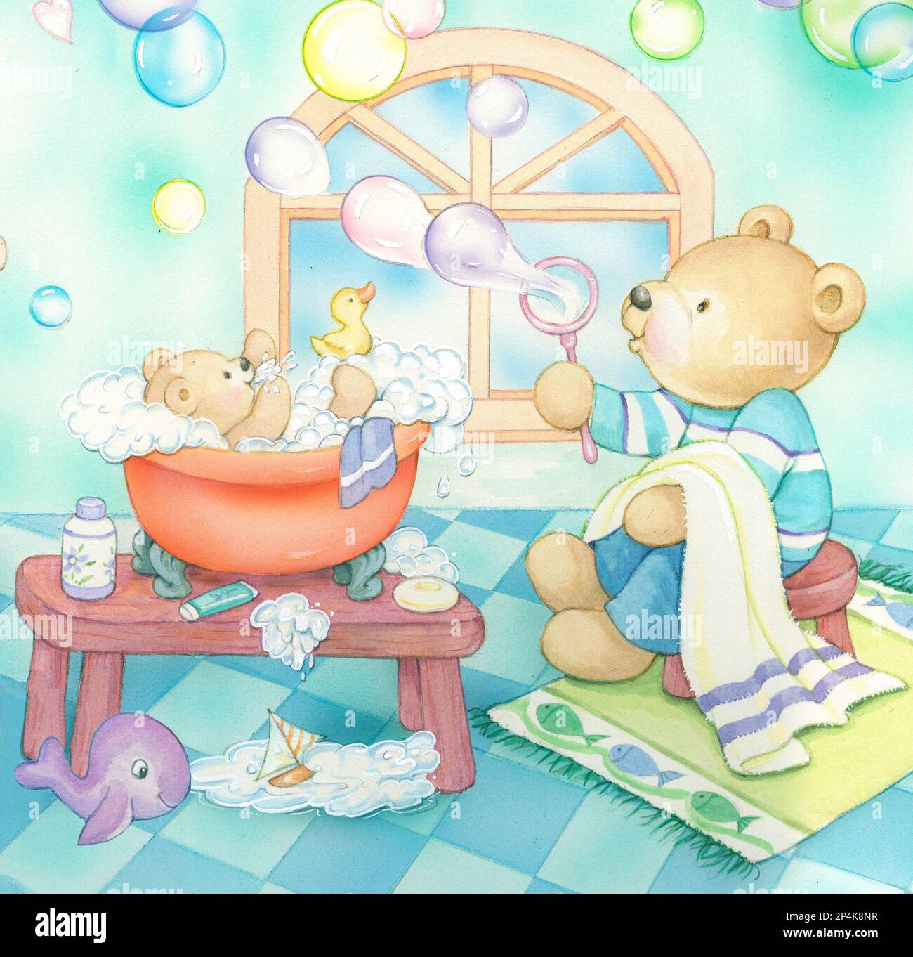 baby-bathtime wth daddy teddy blowing bubbles infront of window Stock ...