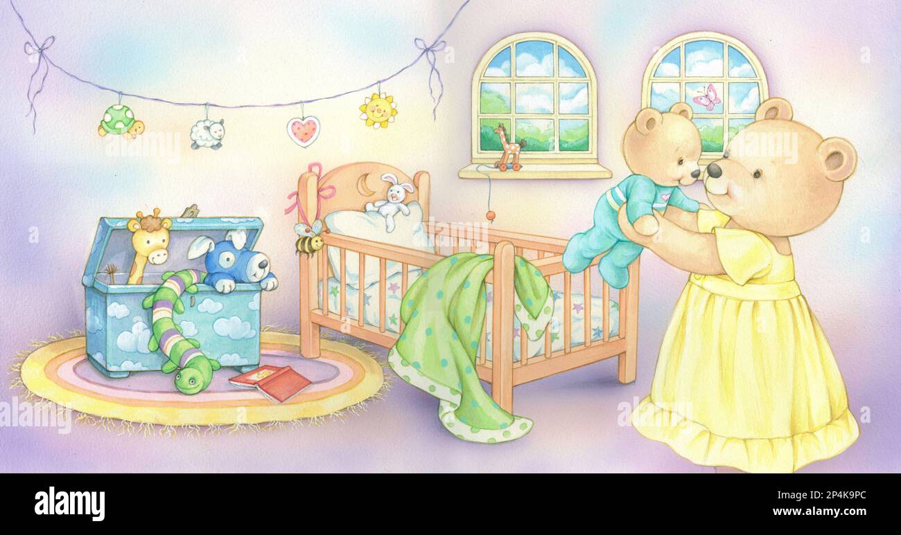 Baby-mummy bear lifting baby in nursery with cot & windows Stock Photo ...