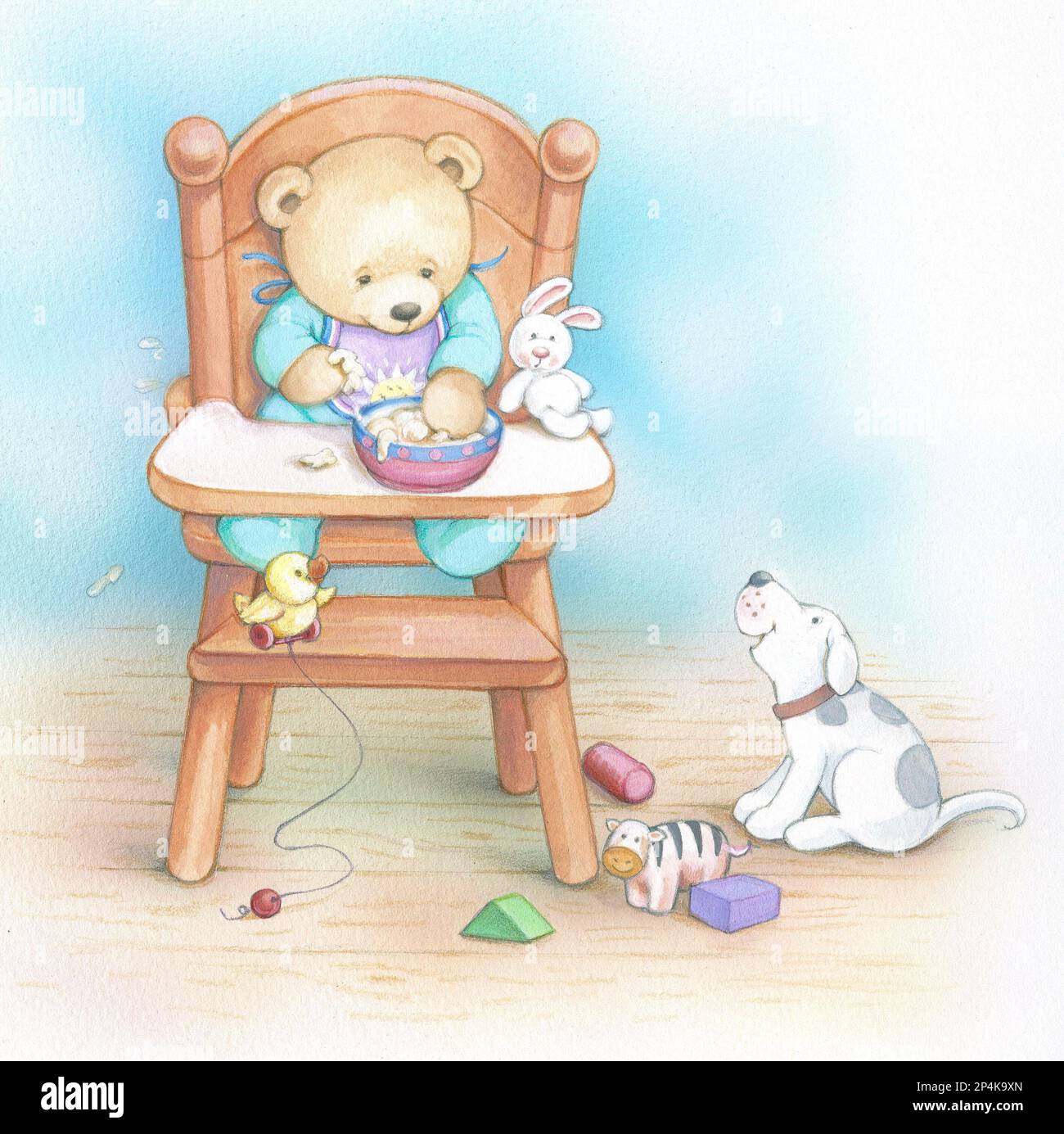 Baby-teddy eating in high chair with puppy Stock Photo - Alamy