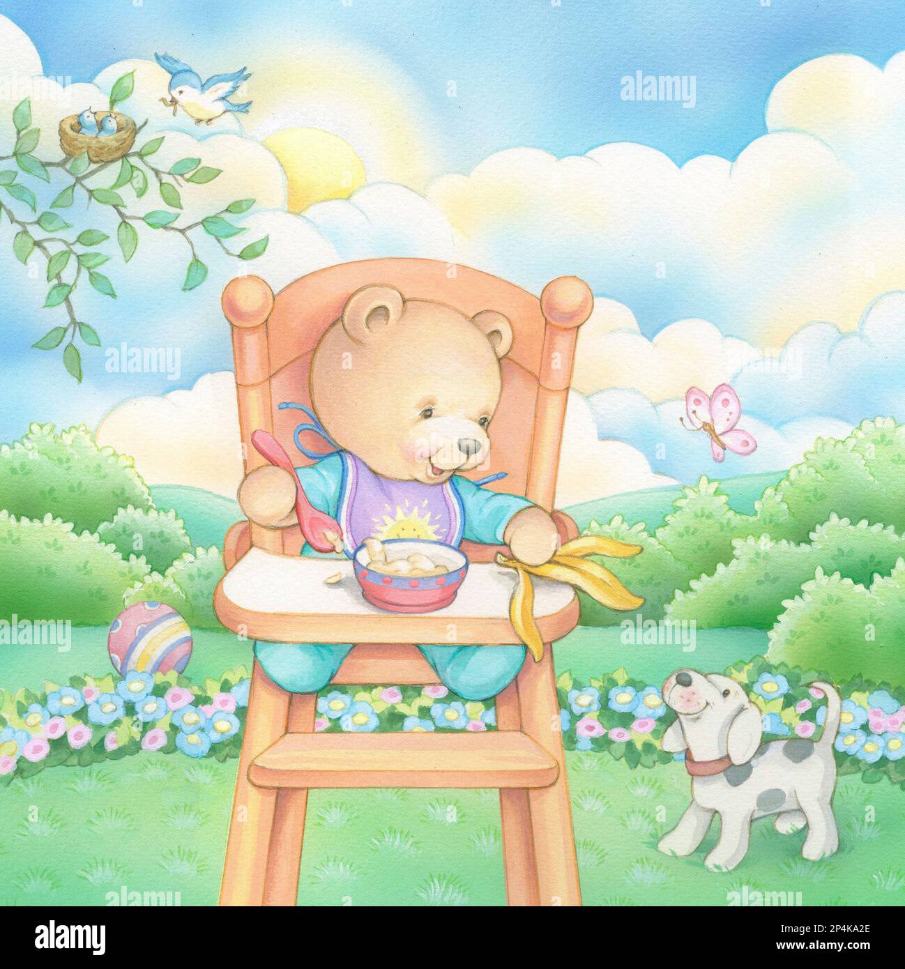 Baby-teddy eating in high chair in garden Stock Photo - Alamy