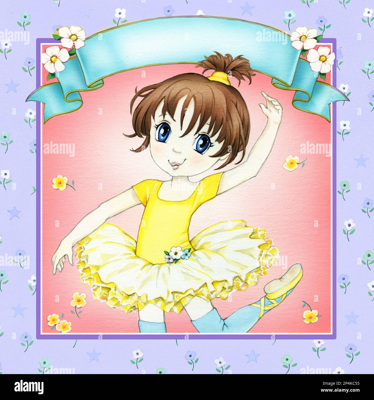 Ballet-Young Ballerina in yellow tutu mauve floral border& banner Stock ...