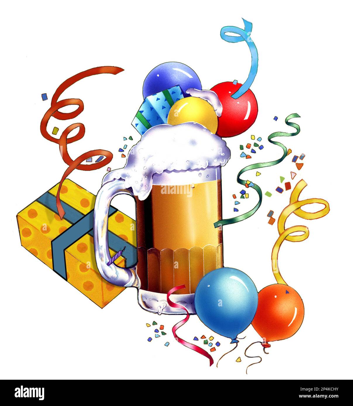 Celebration-beer mug balloons presents streamers on white Stock Photo ...