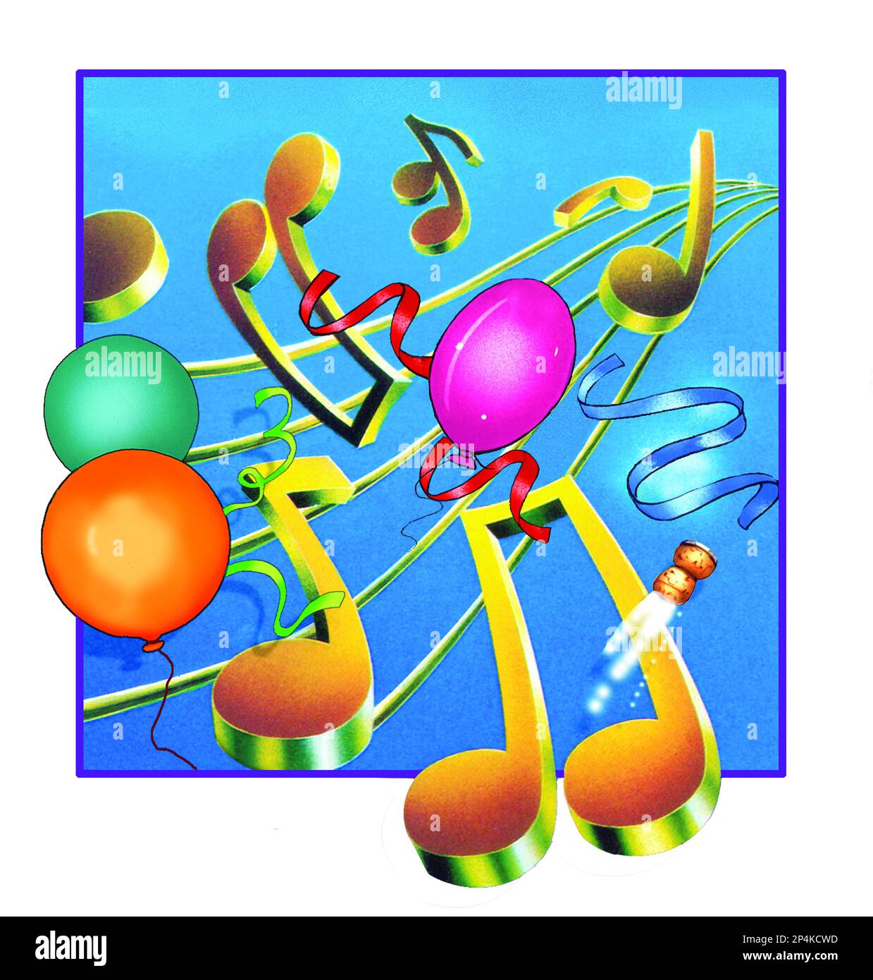 Celebration-floating music notes & ballooons in blue background on ...