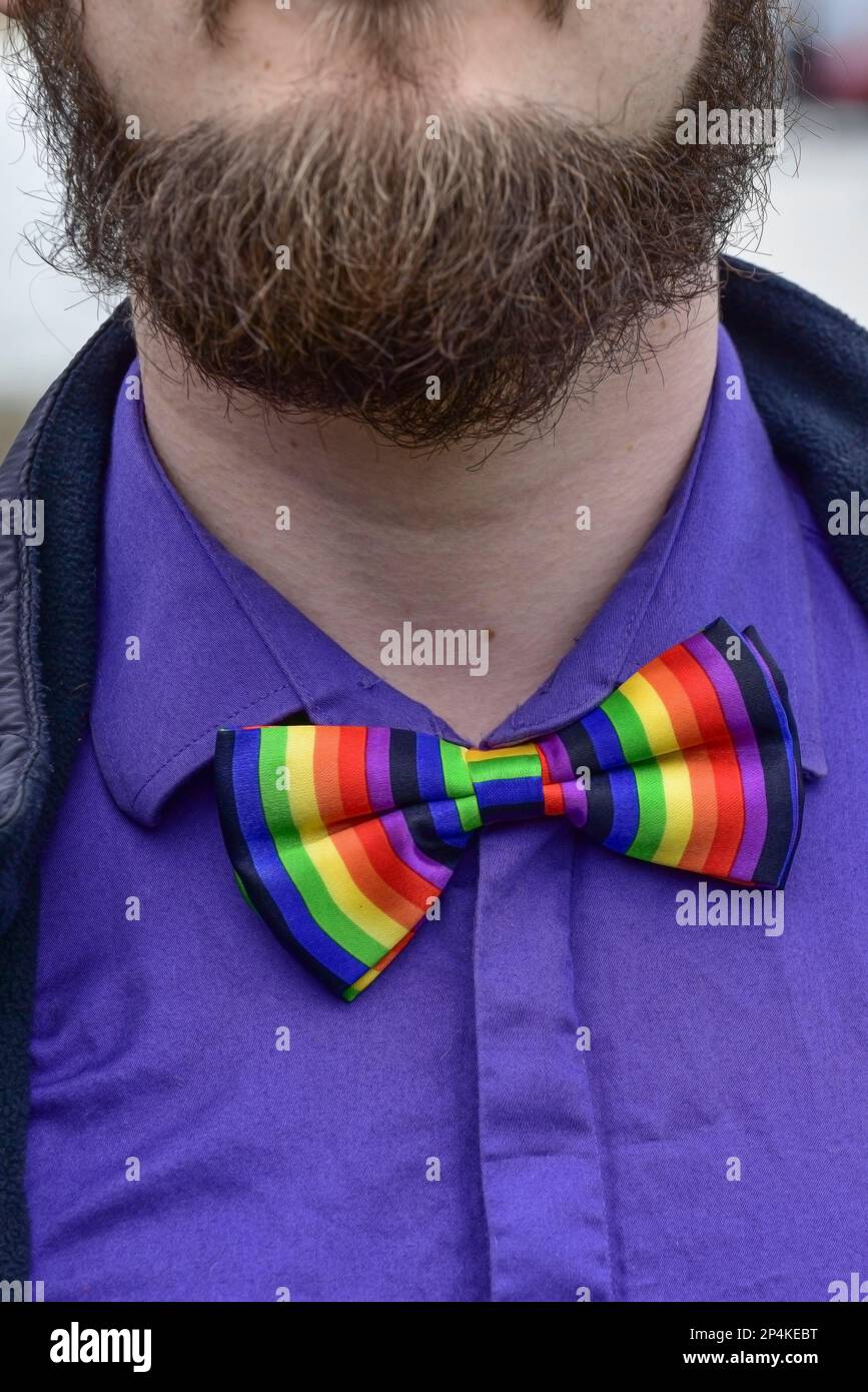 A participant wearing a colourful bow tie in the Cornwall Prides Pride ...