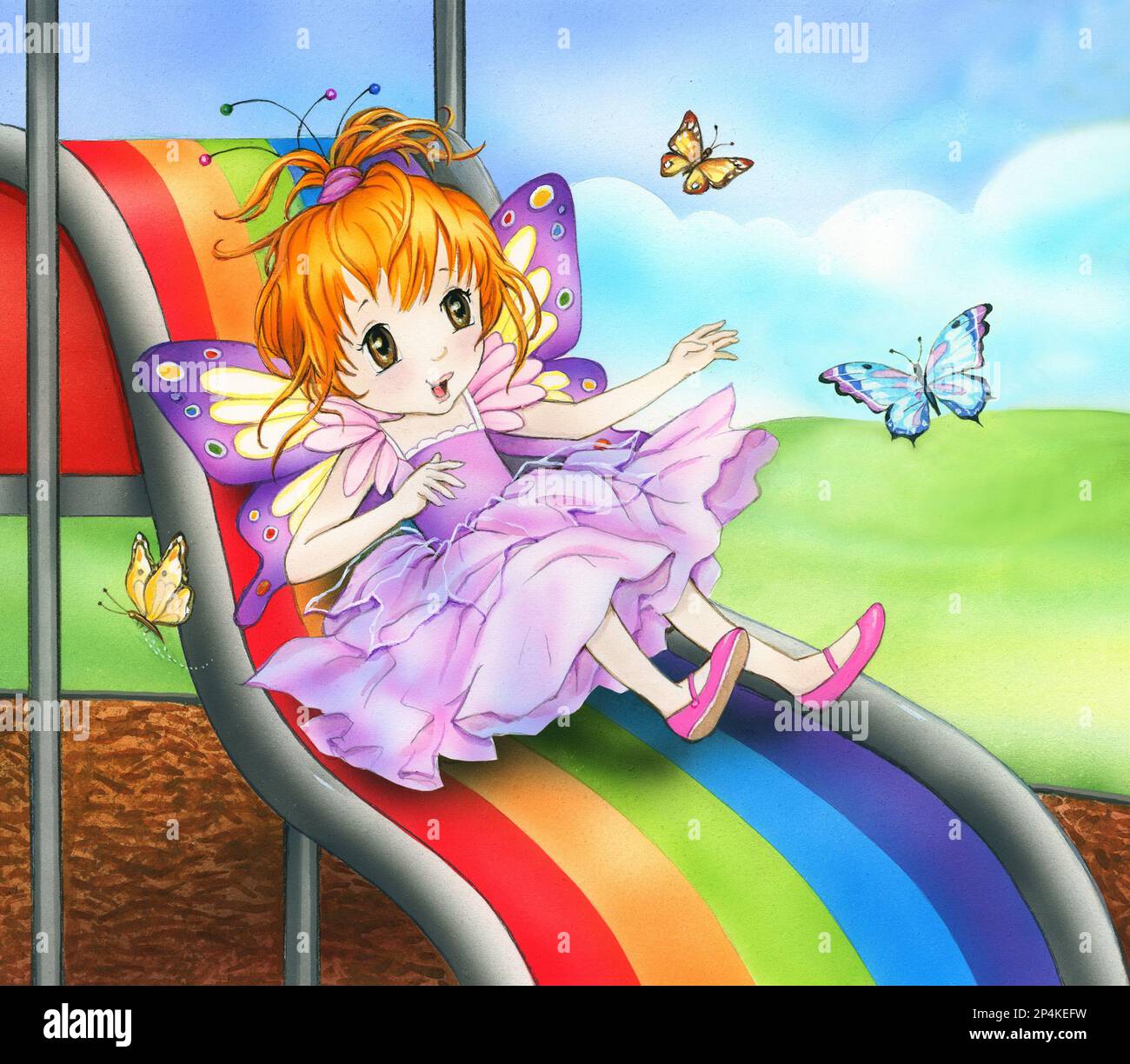 Juvenile-girl in fairy costume on rainbow slide Stock Photo - Alamy