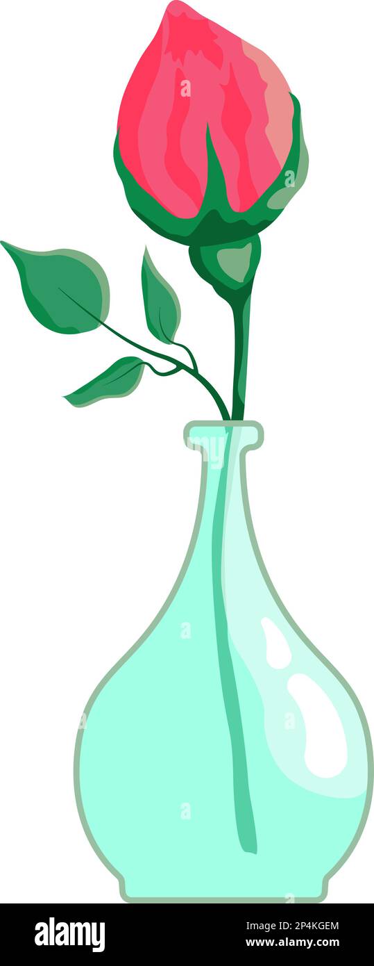 Illustration with pink rose flower and leaves in glass vase drawing in ...