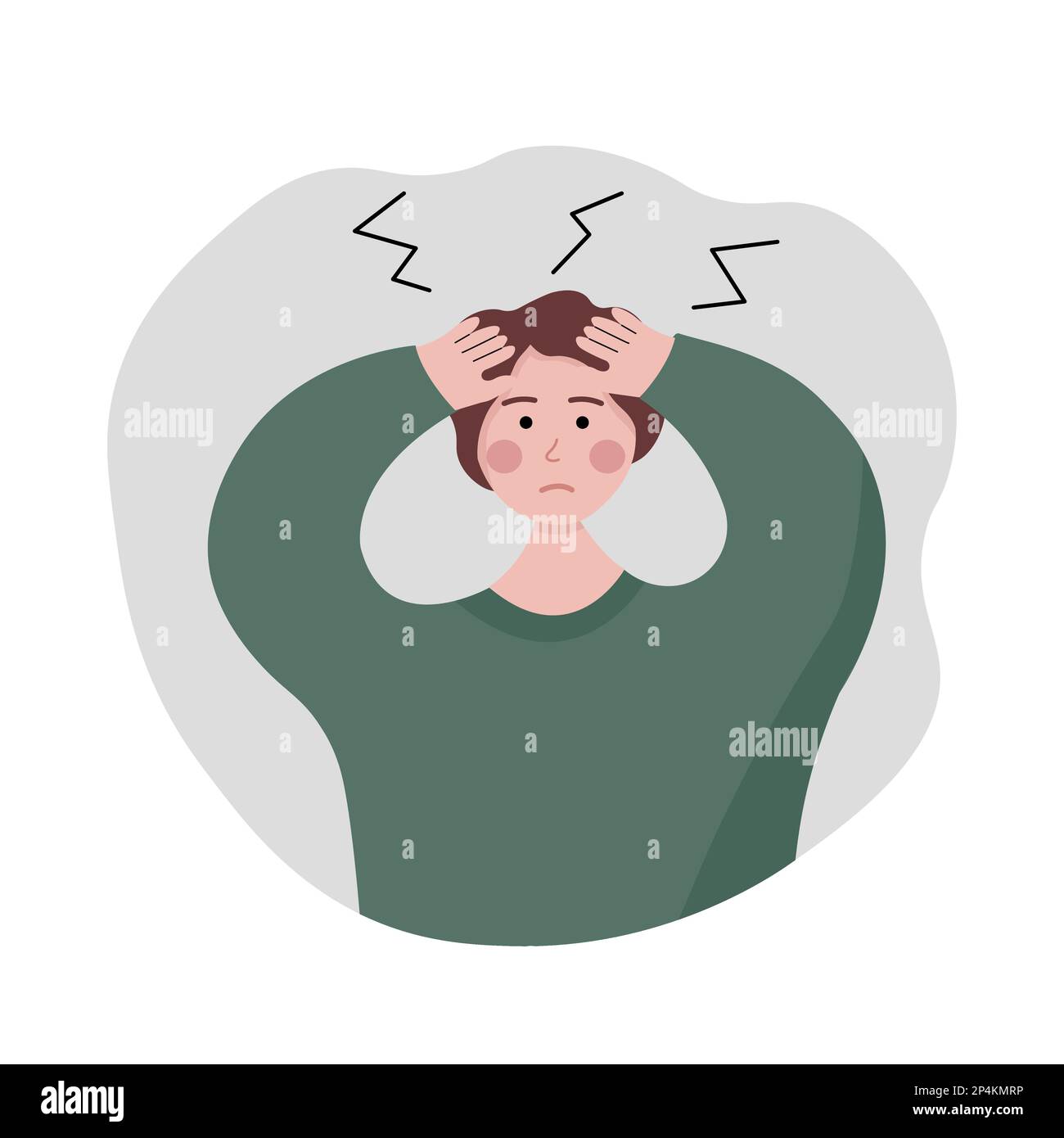Headache illness expression illustration. Migraine pain man holding his ...