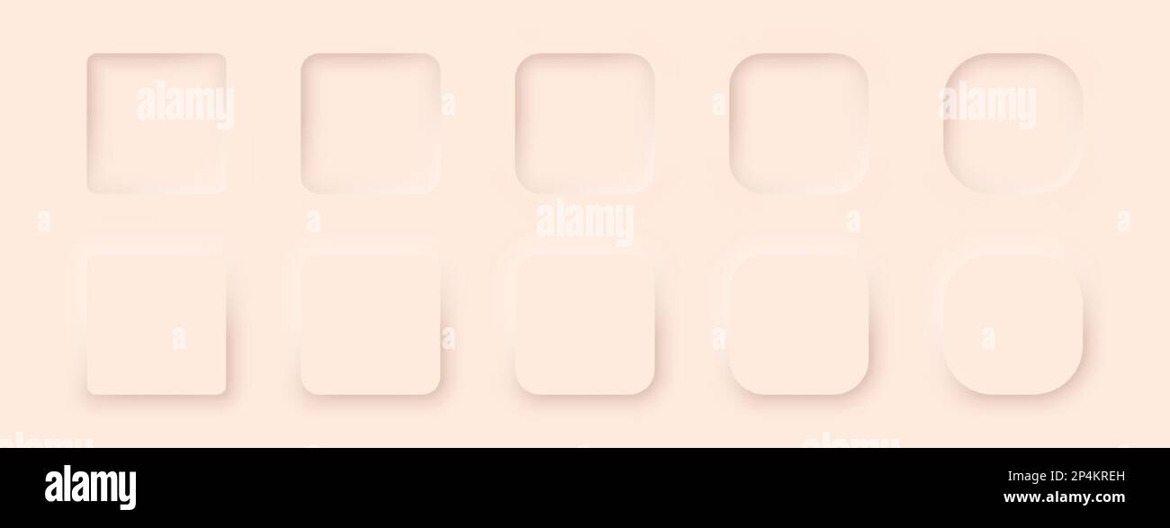 Square buttons in a neomorphic style. A set of beige-colored user interface design elements ...