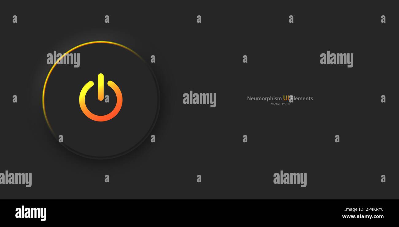 A round button with a yellow-orange power symbol on a black background ...