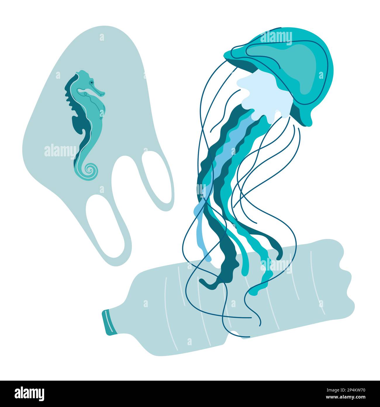 Dirty ocean environment. The animals, fish, jellyfish, sea horse swim ...