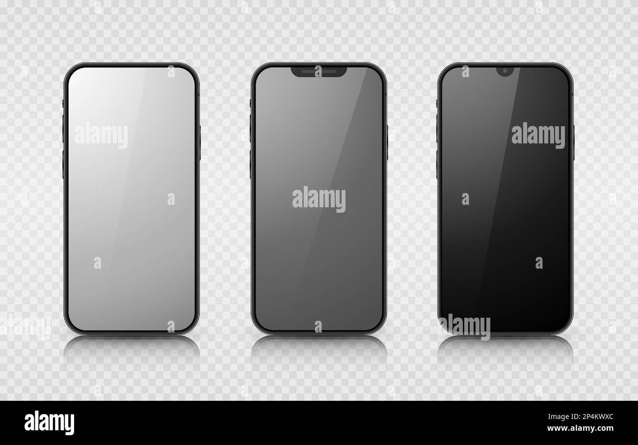 A set of three smartphones on a transparent background. Realistic 3D ...