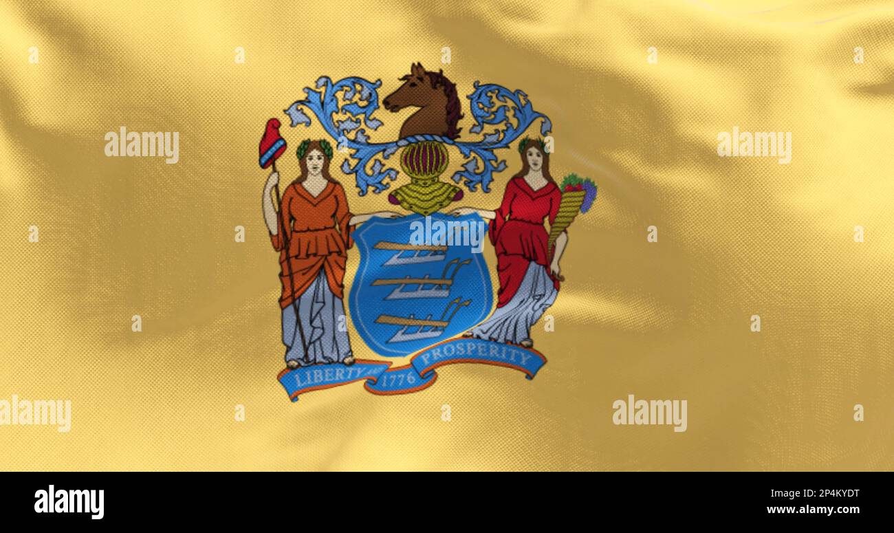 Close-up of the New Jersey state flag. Coat of arms on buff background ...