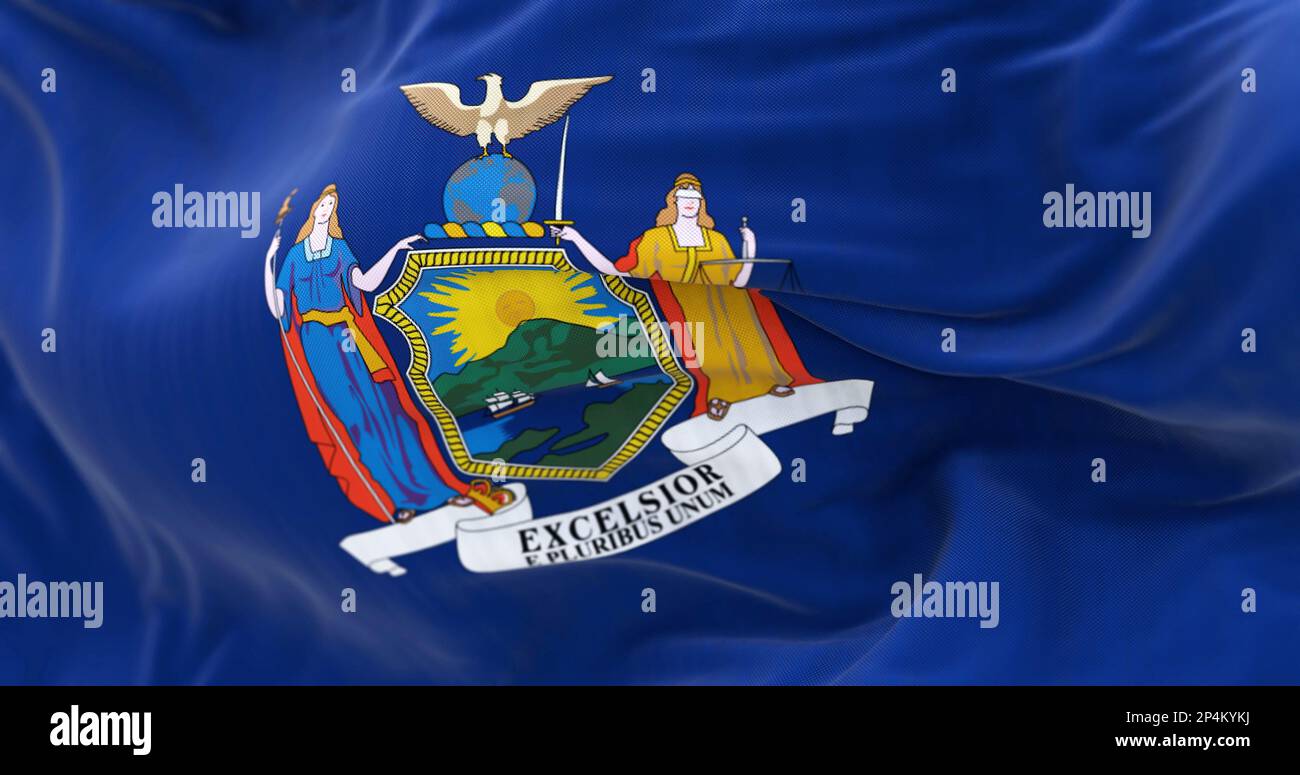 Detail of the New York State flag waving. Blue background with state ...