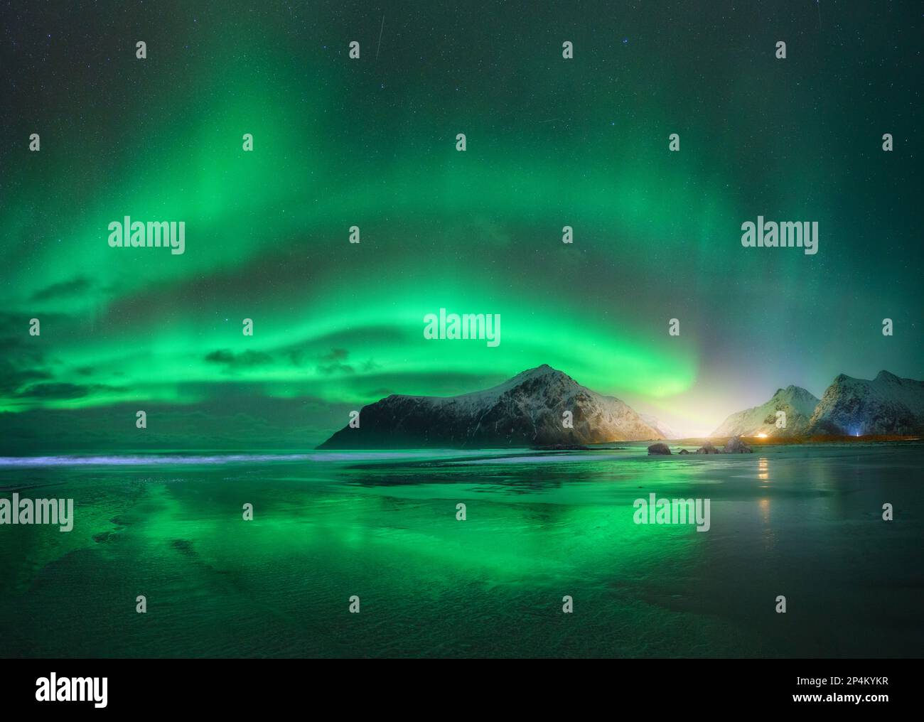 Northern Lights and beach in Lofoten islands, Norway. Aurora Stock ...