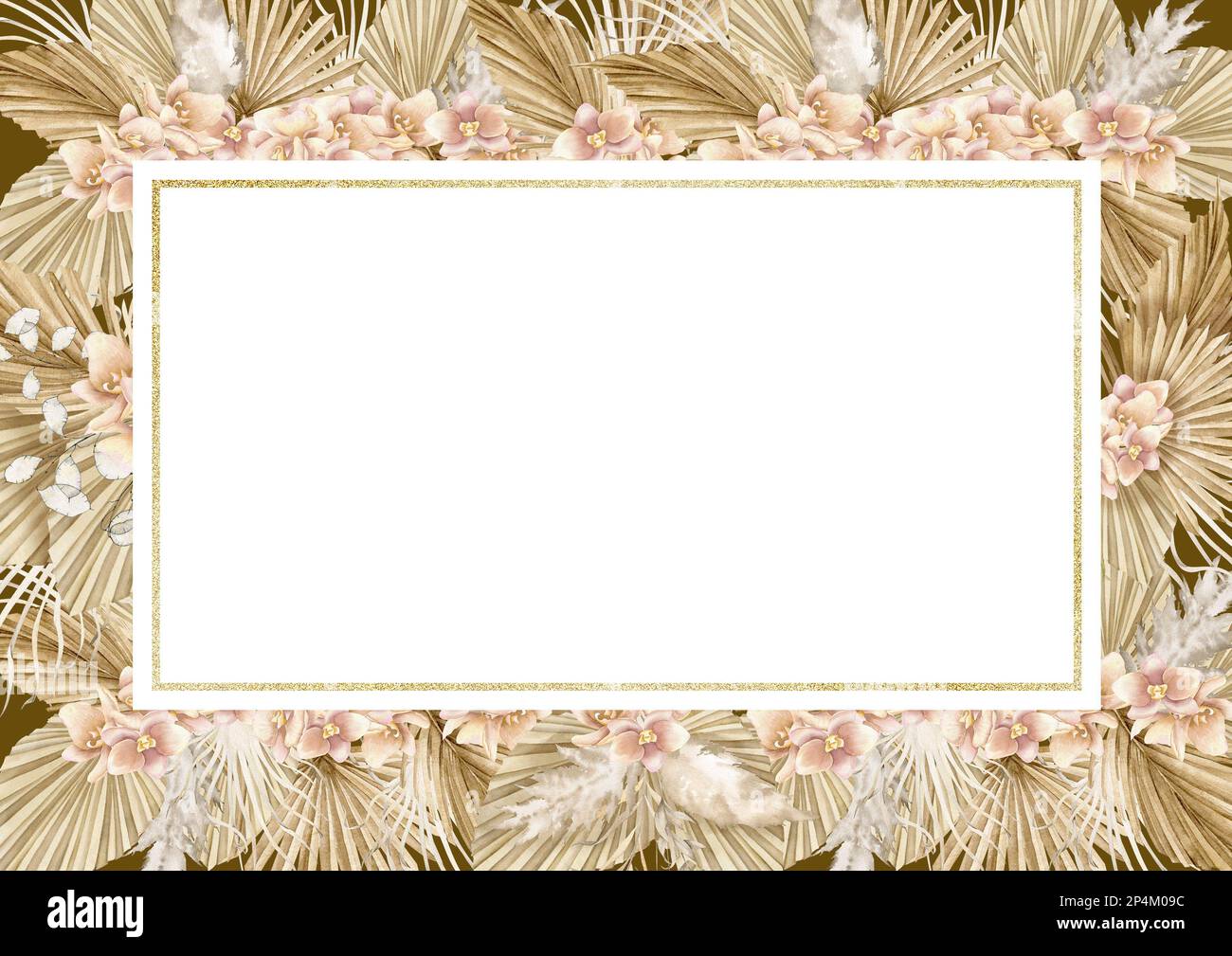 Watercolor horizontal rectangular Frame with dried palm leaves and ...