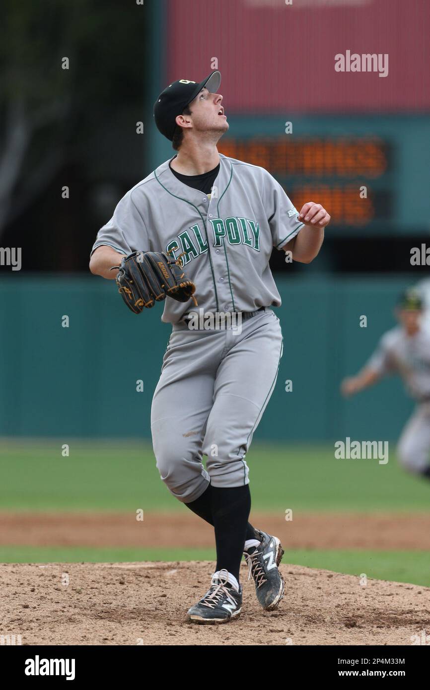 Matt Imhof #48 of the Cal Poly Mustangs pitches against the USC Trojans ...