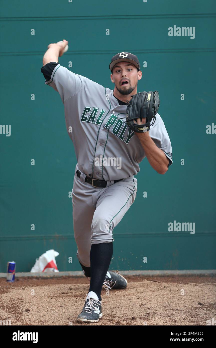 Reed Reilly #41 of the Cal Poly Mustangs warms up in the bullpen before ...